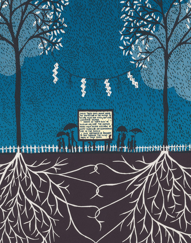 'Husband And Wife Trees' Screenprint. Blue edition - Rob Ryan
